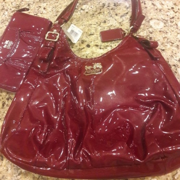 Coach | Bags | Coach Reflective Dark Red Patent Leather Shoulder | Poshmark